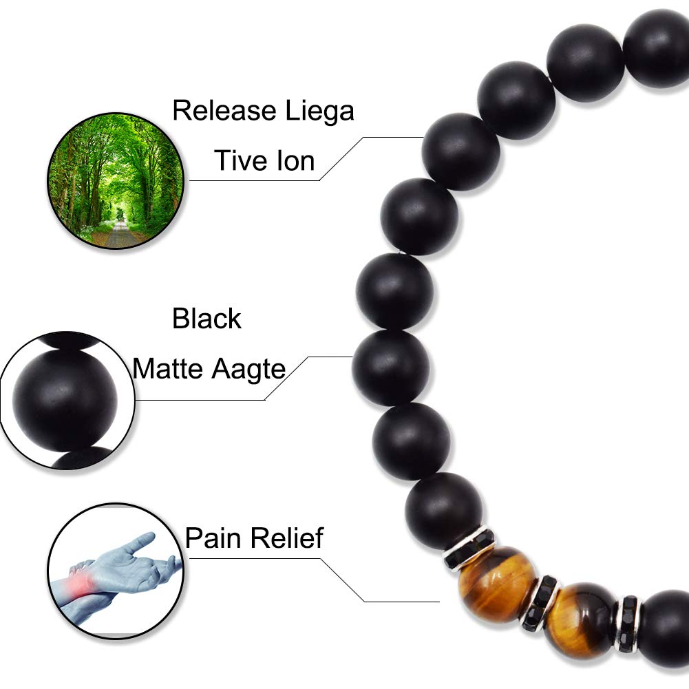 Byson Fashion Religion Cross Men Women 8mm Natural Stone Tiger Eye & Black Matte Agate Beads Bracelet Elastic Bracelet Bangle