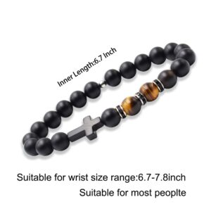 Byson Fashion Religion Cross Men Women 8mm Natural Stone Tiger Eye & Black Matte Agate Beads Bracelet Elastic Bracelet Bangle