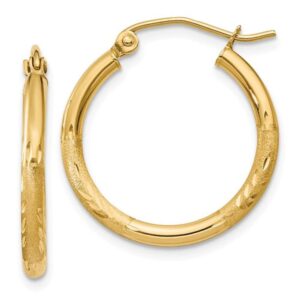 small 14k yellow gold diamond cut hoop earrings with click-down clasp, (2mm tube) (3/4 inch - 20mm)