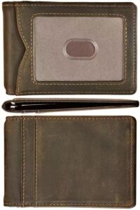 kinzd slim wallet with money clip rfid blocking minimalist bifold wallet for men genuine leather front pocket card holder (as137 - crazy horse leather dark brown)