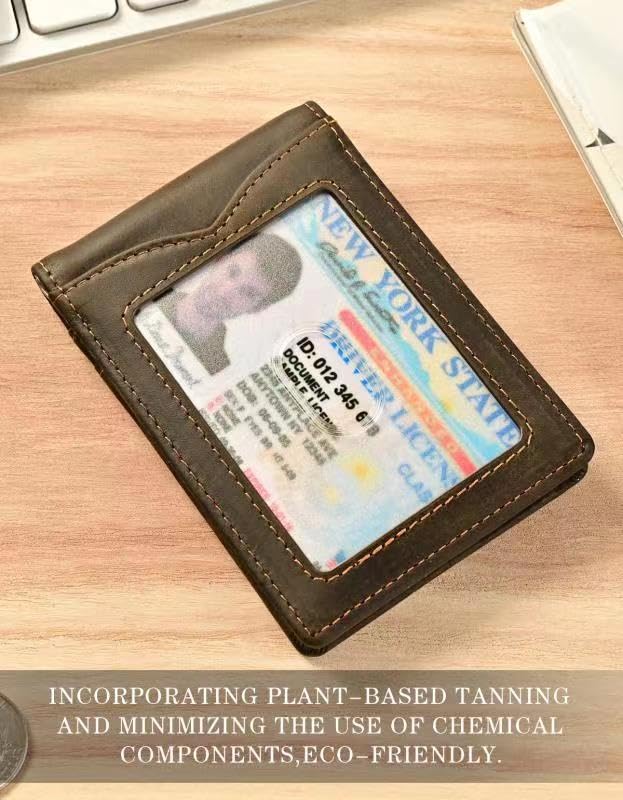 kinzd Slim Wallet with Money Clip RFID Blocking Minimalist Bifold Wallet for Men Genuine Leather Front Pocket Card Holder (AS137 - Crazy Horse Leather Dark Brown)