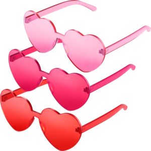 maxdot 3 pieces heart shaped sunglasses candy color rimless heart glasses for women colorful summer party favors(pink, rose red, red)