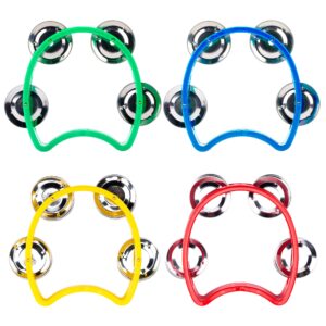 motzu 4 pack plastic musical percussion tambourines, dual alloy recording combo tambourine, cutaway half blossom with 4 bells comfortable teaching toys, multicolour