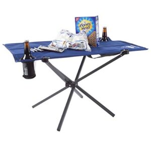 wakeman portable folding camping table with 2 cupholders and carrying bag - for camping, hiking, picnics, sporting events, and the beach (blue)