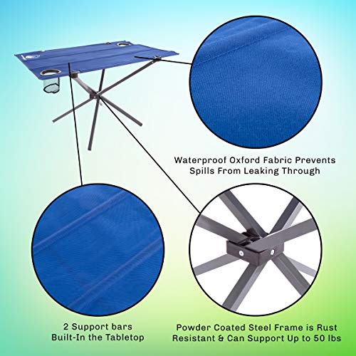 Wakeman Portable Folding Camping Table with 2 Cupholders and Carrying Bag - for Camping, Hiking, Picnics, Sporting Events, and The Beach (Blue)