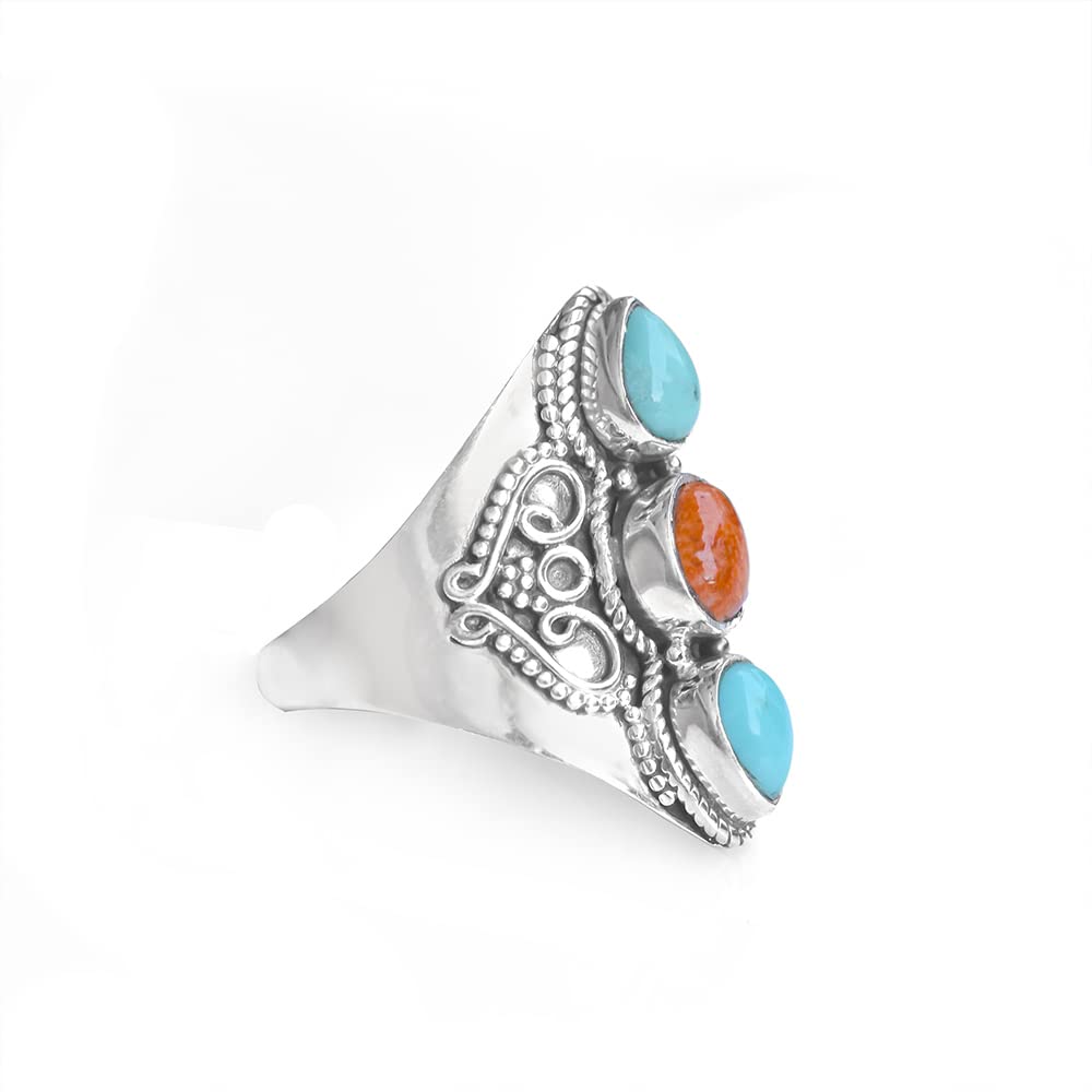 YoTreasure .925 Sterling Silver Turquoise 3 Stone Wide Band Boho Ring