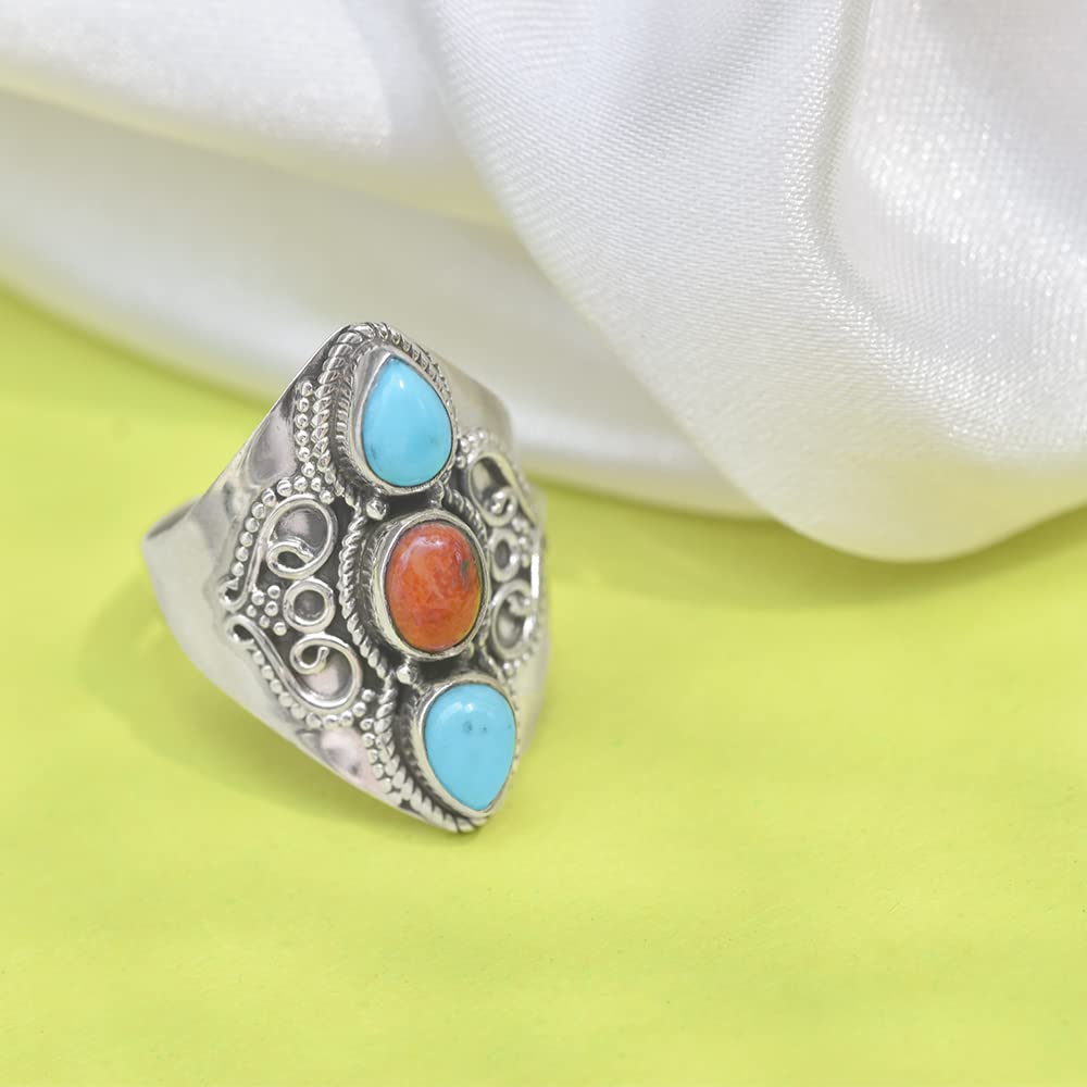 YoTreasure .925 Sterling Silver Turquoise 3 Stone Wide Band Boho Ring