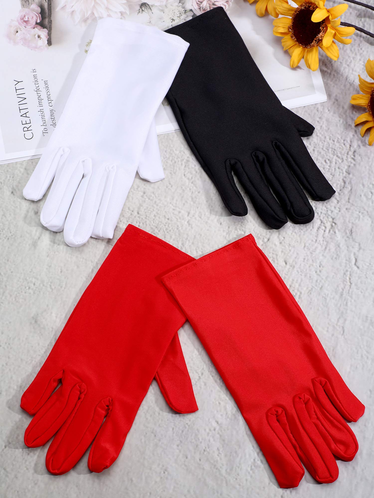 Sumind 3 Pairs Wrist Length Gloves Women Short Satin Gloves Opera Short Gloves for 1920s Wedding Party (Black 2, White 2, Red 2)