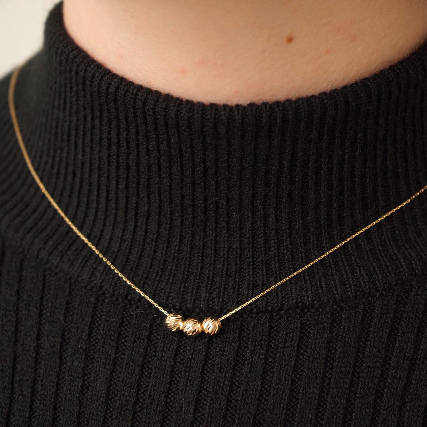 14k Solid Gold Three Ball Beads Necklace | 14k Yellow Gold Necklaces for Women | Small Beads Pendant Necklace | Dainty Round Jewelry | Gifts for Christmas, 18"