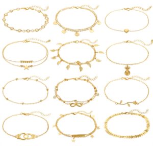 funeia 12/16/30pcs ankle bracelets for women gold silver rose gold charm anklets set for teens boho layered beach adjustable foot chain summer beach jewelry