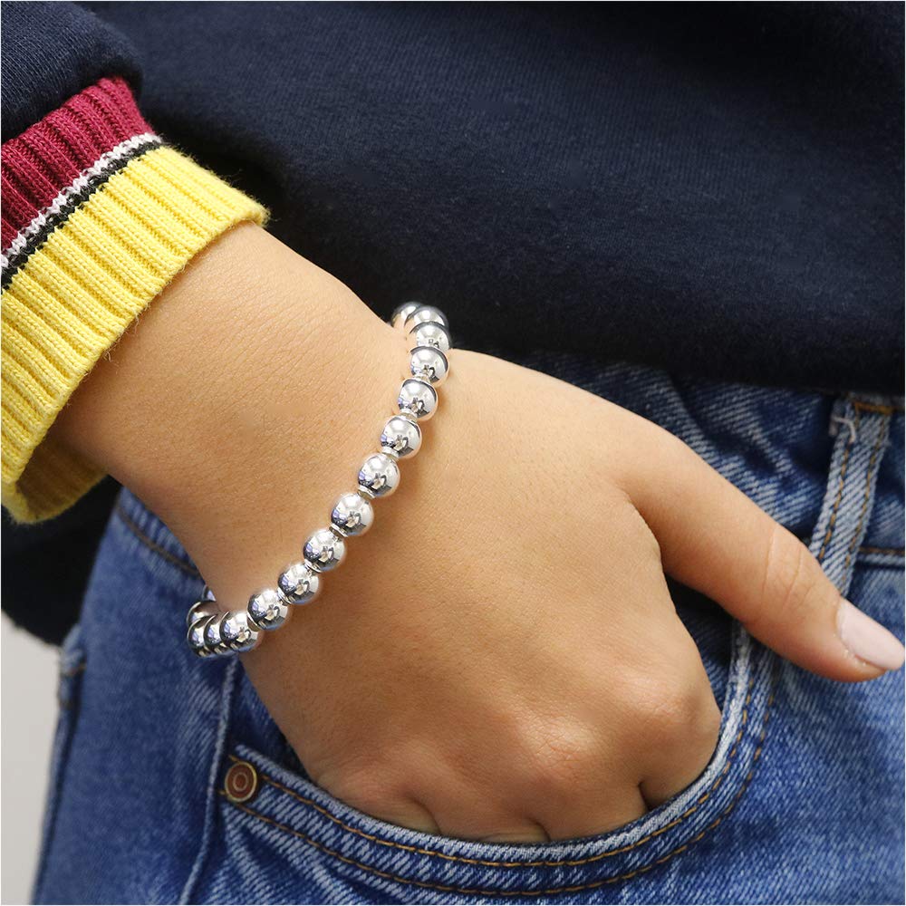 Verona Jewelers Sterling Silver 4MM-10M Italian Bead Ball Chain Bracelet- Handmade Bead Italian Bracelet, Silver Bead Bracelet For Women (7.5, 8MM)