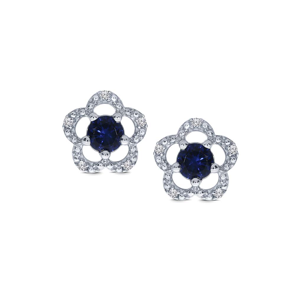 Elmas 0.05 Carat Sterling Silver Round White Diamond Created Blue Sapphire Stud Earrings for Women