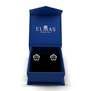 Elmas 0.05 Carat Sterling Silver Round White Diamond Created Blue Sapphire Stud Earrings for Women