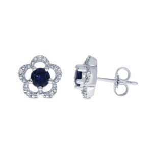 Elmas 0.05 Carat Sterling Silver Round White Diamond Created Blue Sapphire Stud Earrings for Women