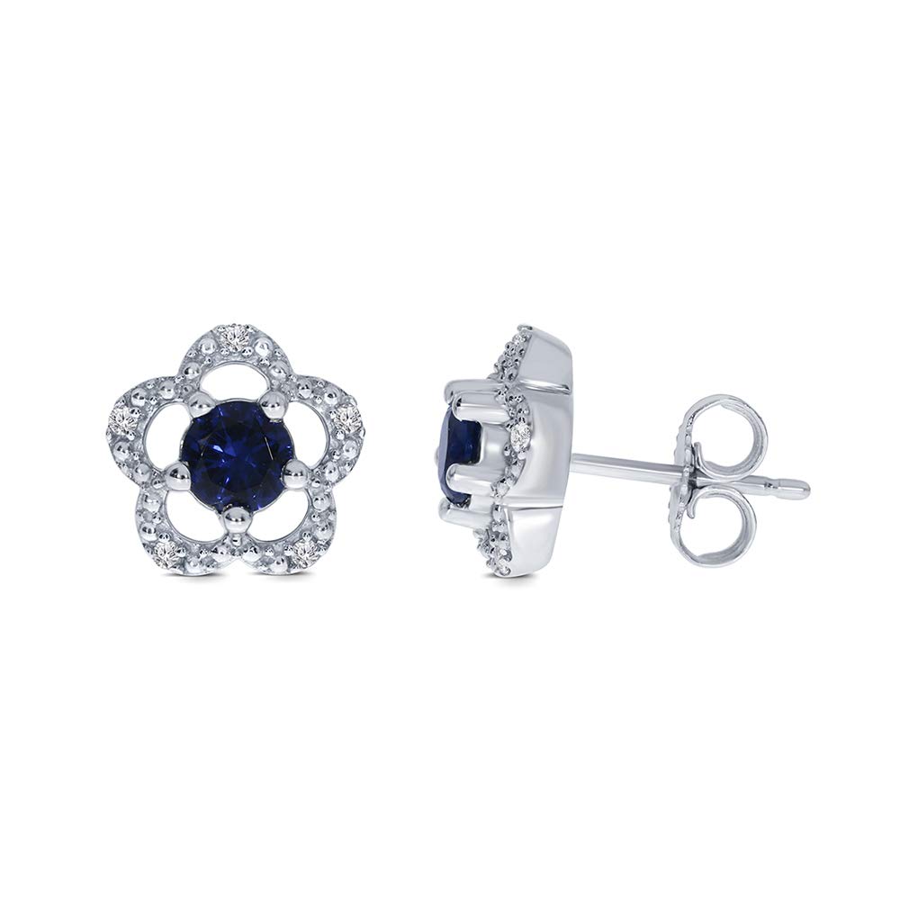 Elmas 0.05 Carat Sterling Silver Round White Diamond Created Blue Sapphire Stud Earrings for Women