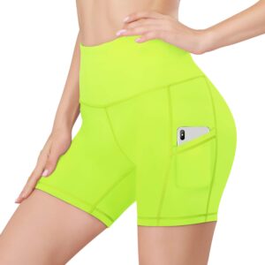 hiskywin 5"/8" inseam high waist women yoga shorts compression exercise workout running shorts pockets f18011-fluorescent yellow-l