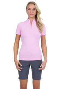 ibkul athleisure wear sun protective upf 50+ icefil cooling short sleeve mock neck top - 87000 candy pink solid l