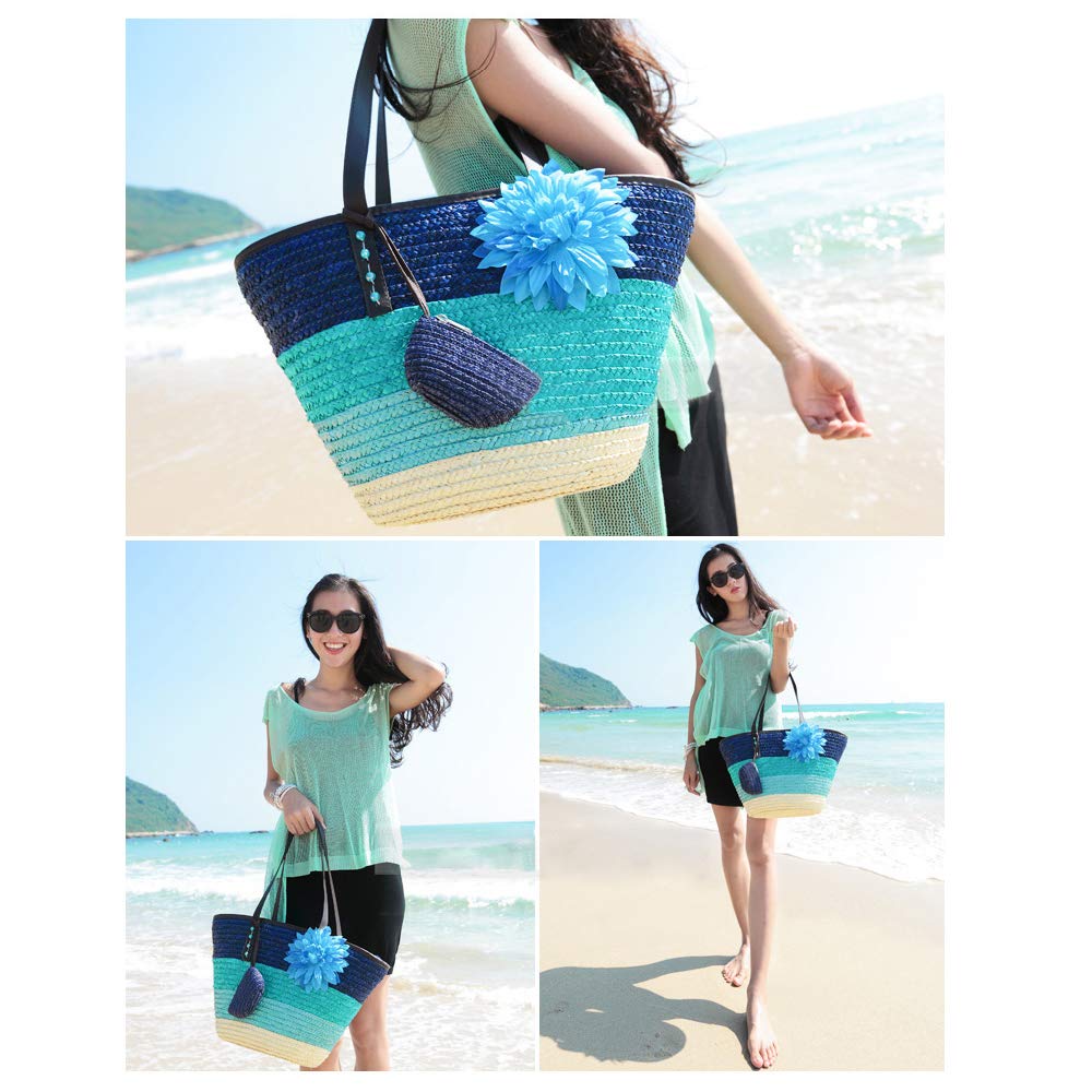 QTKJ Fashion Women Girls Hand-Woven Summer Beach Big Tote Straw Bag Handbag Big Flower Shoulder Bag with Cute Purse (Blue)