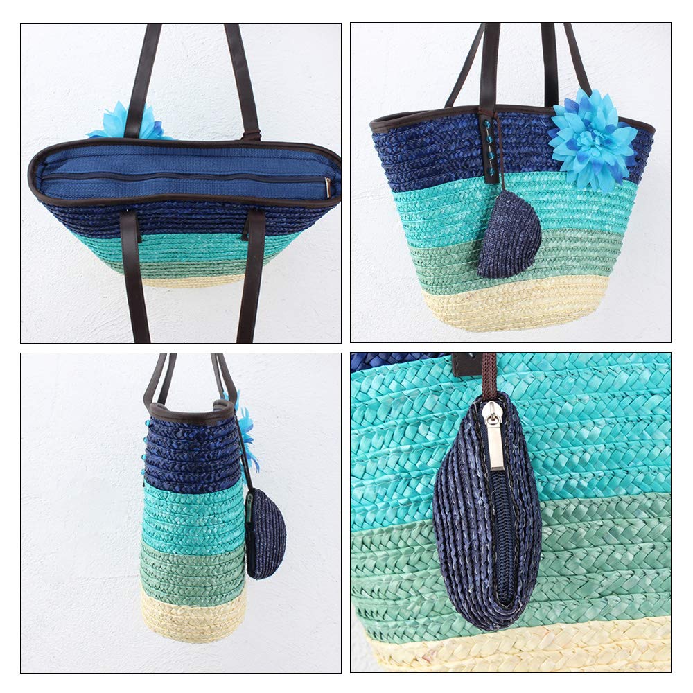 QTKJ Fashion Women Girls Hand-Woven Summer Beach Big Tote Straw Bag Handbag Big Flower Shoulder Bag with Cute Purse (Blue)