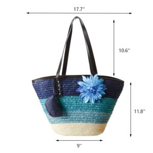 QTKJ Fashion Women Girls Hand-Woven Summer Beach Big Tote Straw Bag Handbag Big Flower Shoulder Bag with Cute Purse (Blue)