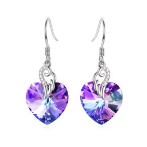 aoboco sterling silver purple crystal dangle earrings for women heart love jewelry gifts mothers day for mom wife daughter (angle love pp)