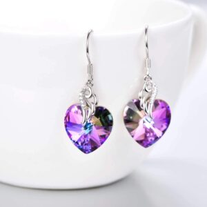 AOBOCO Sterling Silver Purple Crystal Dangle Earrings for Women Heart Love Jewelry Gifts Mothers Day for Mom Wife Daughter (Angle Love Pp)