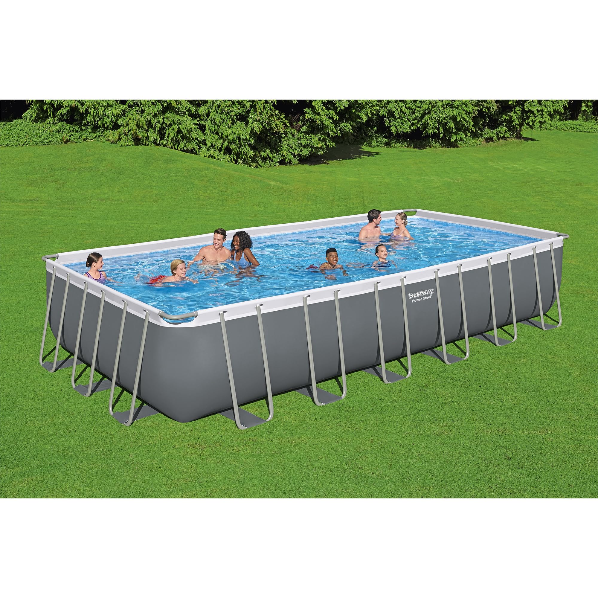 Bestway 24ft x 12ft x 52in Rectangular Frame Family Swimming Pool and Test Kit with Alloy Steel, Heavy Duty PVC, Blue, Gray, and White