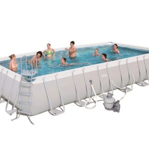 Bestway 24ft x 12ft x 52in Rectangular Frame Family Swimming Pool and Test Kit with Alloy Steel, Heavy Duty PVC, Blue, Gray, and White