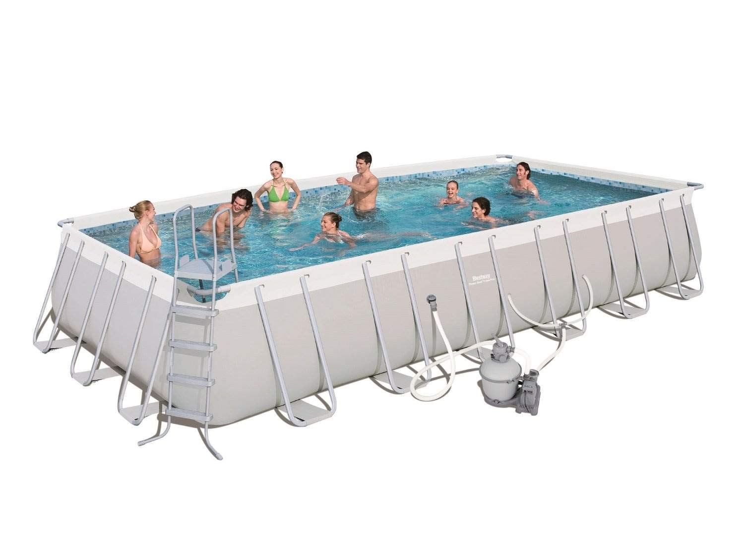 Bestway 24ft x 12ft x 52in Rectangular Frame Family Swimming Pool and Test Kit with Alloy Steel, Heavy Duty PVC, Blue, Gray, and White