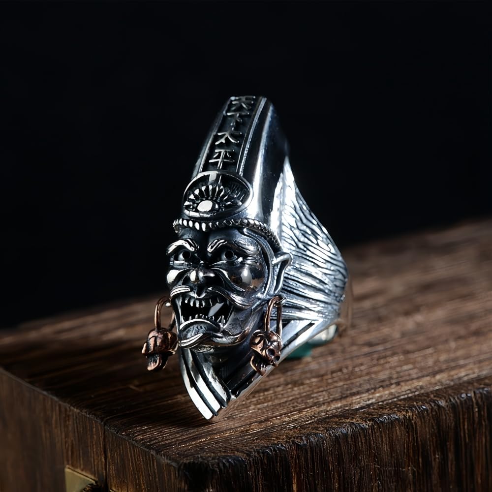 ForFox Gothic 925 Sterling Silver Chinese Ghost Ring Jewelry Black Impermanence Open and Adjustable