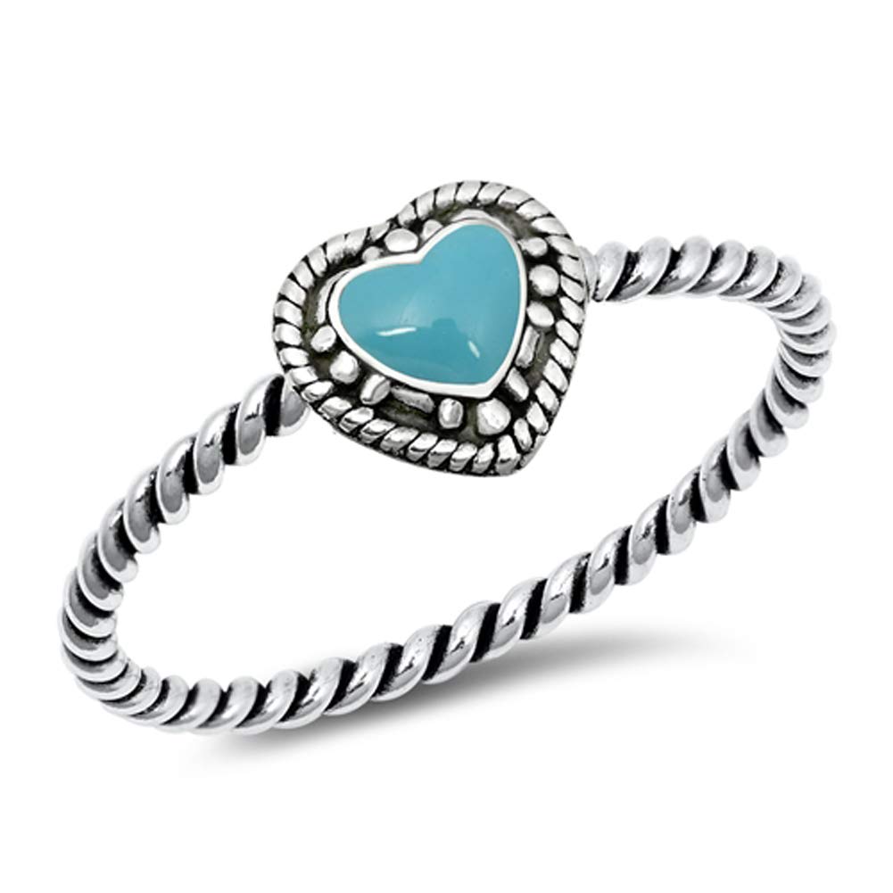 Simulated Turquoise Rope Promise Heart Halo Beautiful Ring New .925 Sterling Silver Band Size 4