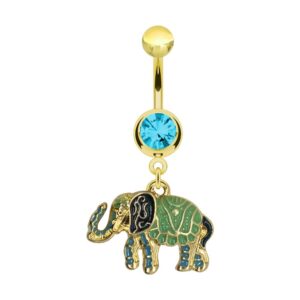 316l 14g surgical steel gold and green elephant pendant with blue cz stone dangle belly button ring 3/8" barbell body piercing jewelry women