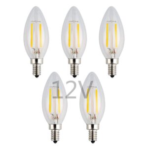 opalray led candelabra low voltage bulb, dc/ac 12v input, 2w 200lm, dimmable, warm white light, e12 small base, clear glass torpedo tip, 25w incandescent equivalent, dc 12v - 24v lighting, pack of 5