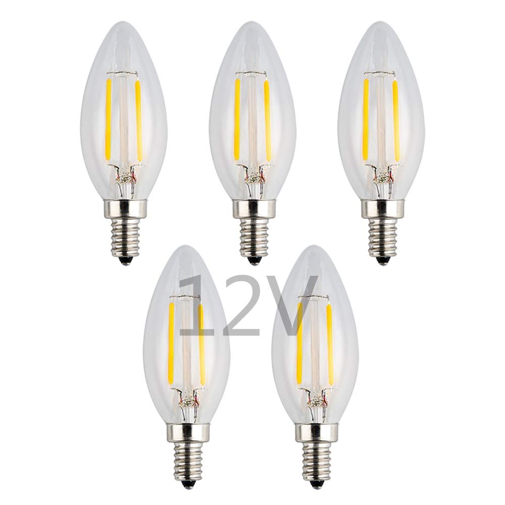 OPALRAY LED Candelabra LOW Voltage Bulb, DC/AC 12V Input, 2W 200Lm, Dimmable, Warm White Light, E12 Small Base, Clear Glass Torpedo Tip, 25W Incandescent Equivalent, DC 12V - 24V Lighting, Pack of 5