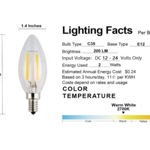 OPALRAY LED Candelabra LOW Voltage Bulb, DC/AC 12V Input, 2W 200Lm, Dimmable, Warm White Light, E12 Small Base, Clear Glass Torpedo Tip, 25W Incandescent Equivalent, DC 12V - 24V Lighting, Pack of 5