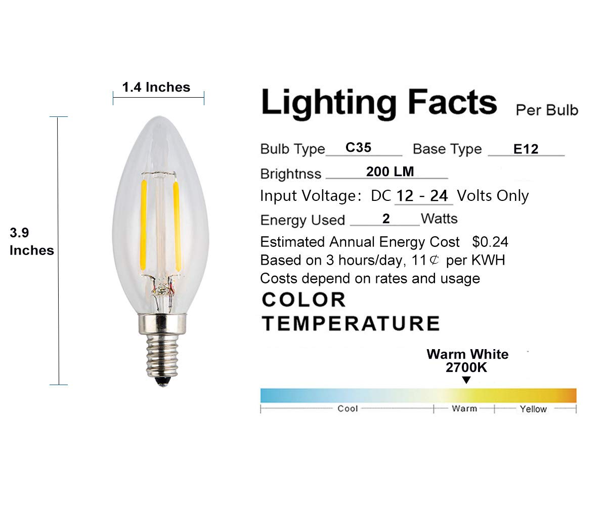 OPALRAY LED Candelabra LOW Voltage Bulb, DC/AC 12V Input, 2W 200Lm, Dimmable, Warm White Light, E12 Small Base, Clear Glass Torpedo Tip, 25W Incandescent Equivalent, DC 12V - 24V Lighting, Pack of 5