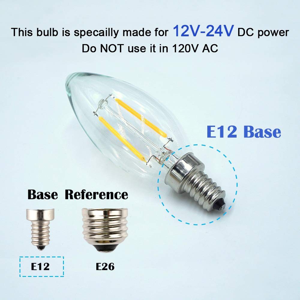 OPALRAY LED Candelabra LOW Voltage Bulb, DC/AC 12V Input, 2W 200Lm, Dimmable, Warm White Light, E12 Small Base, Clear Glass Torpedo Tip, 25W Incandescent Equivalent, DC 12V - 24V Lighting, Pack of 5