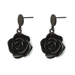 gold plated rose flower earrings black flowers dangle drop earrings bridesmaid gift for women (black)