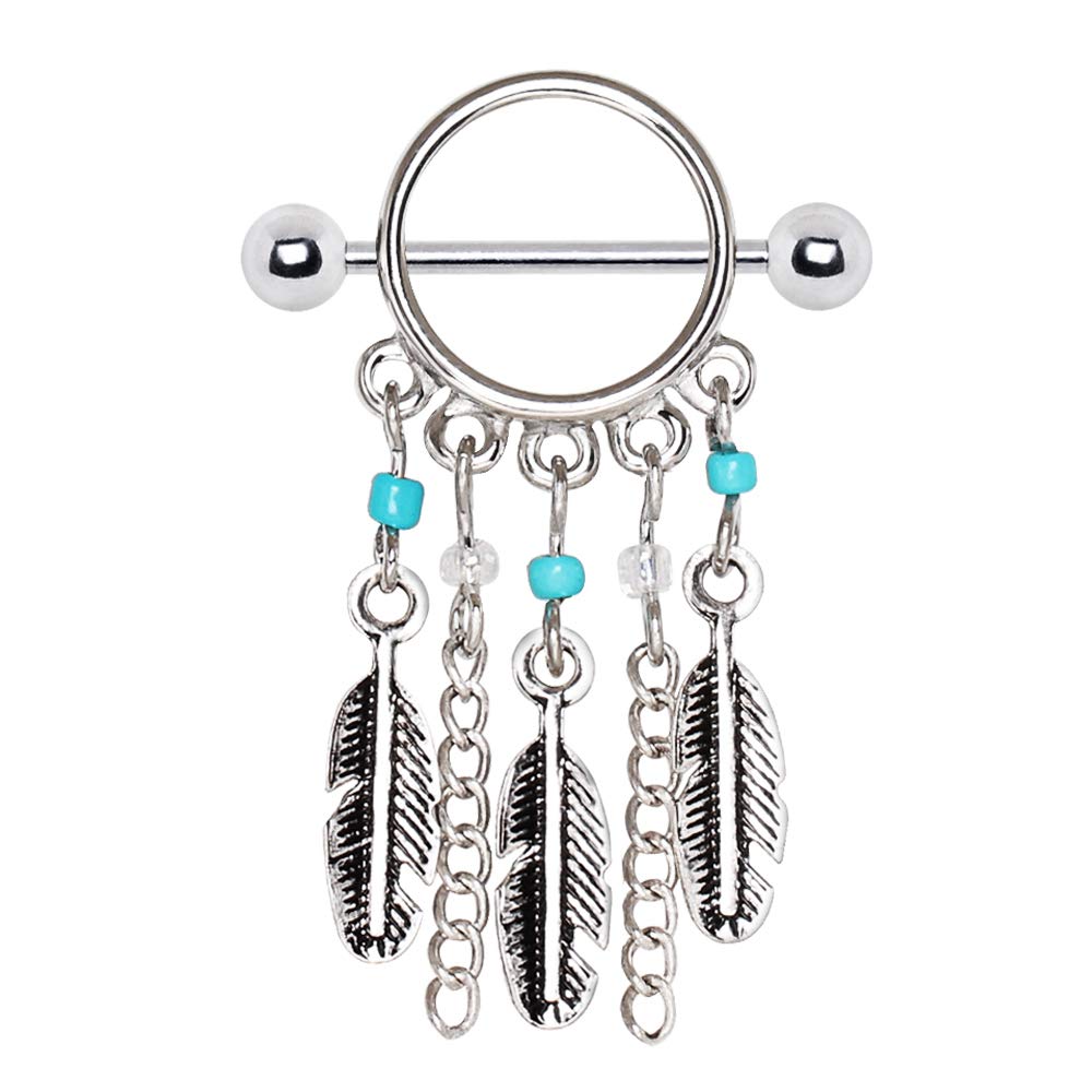 Covet Jewelry 316L Surgical Steel Turquoise Beads Feather Dangle Nipple Shield