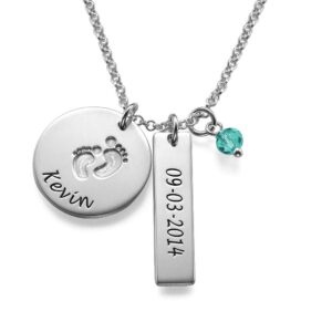 personalized baby feet bar necklace with cz birthstone-dangle engraved jewelry