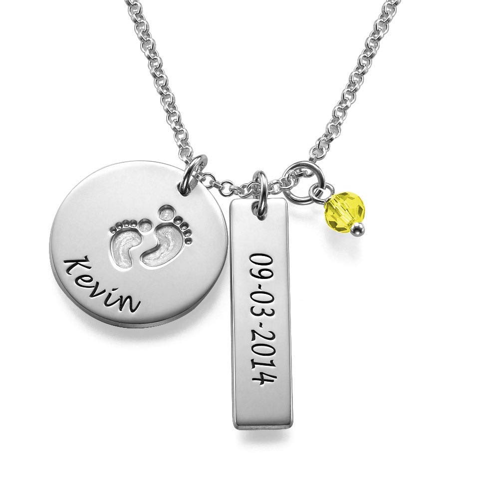 Personalized Baby Feet Bar Necklace with CZ Birthstone-Dangle Engraved Jewelry