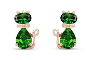 mother's day jewelry gift pear & oval shape simulated emerald cute animal kitty cat stud earrings in 14k rose gold over sterling silver