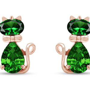 Mother's Day Jewelry Gift Pear & Oval Shape Simulated Emerald Cute Animal Kitty Cat Stud Earrings In 14k Rose Gold Over Sterling Silver