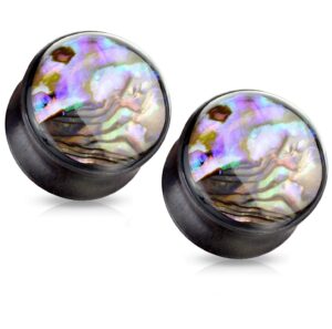 pierced owl abalone shell inlaid front facing natural wood saddle plugs, sold as pair (12mm (1/2"))