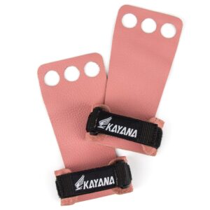 KAYANA 3 Hole Leather Gymnastics Hand Grips - Palm Protection and Wrist Support for Cross Training, Kettlebells, Pull ups, Weightlifting, Chin ups, Workout, & Exercise (Pink, Small)