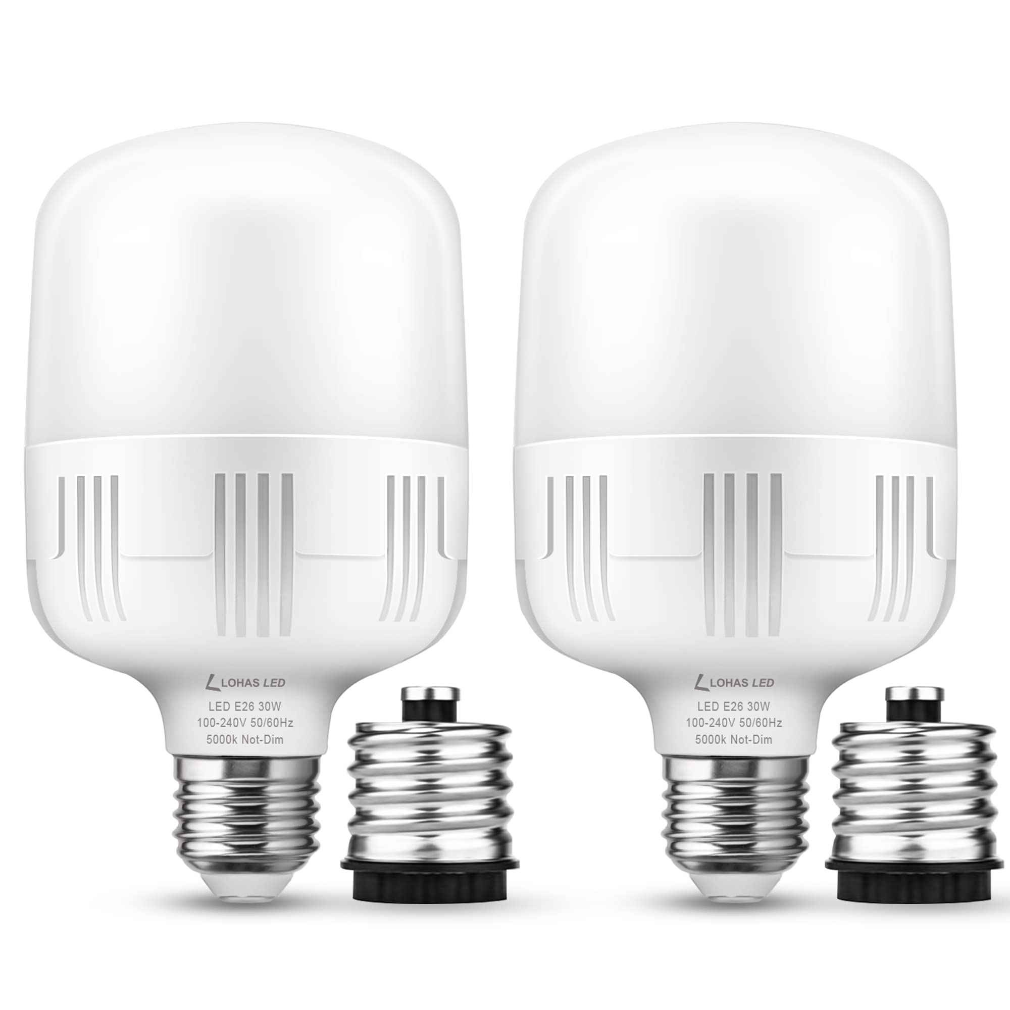 LOHAS Super Bright Light Bulbs, 250-300W Equivalent 3400LM E26 Garage LED Bulb, 5000K Daylight 30 Watt High Lumen LED Bulb w/E39 Adapter for Commercial Warehouse Workshop Factory Backyard Barn, 2 Pack