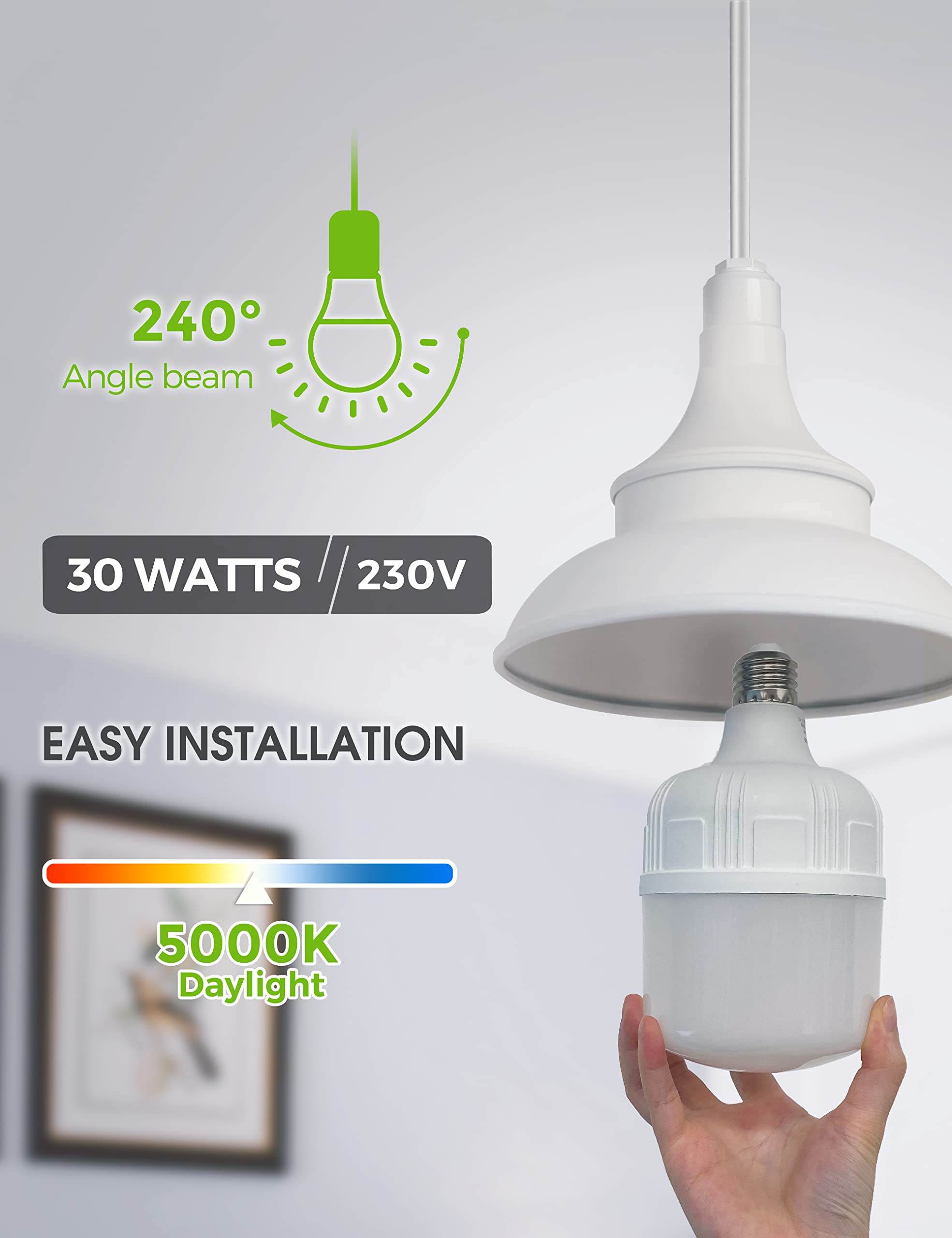 LOHAS Super Bright Light Bulbs, 250-300W Equivalent 3400LM E26 Garage LED Bulb, 5000K Daylight 30 Watt High Lumen LED Bulb w/E39 Adapter for Commercial Warehouse Workshop Factory Backyard Barn, 2 Pack