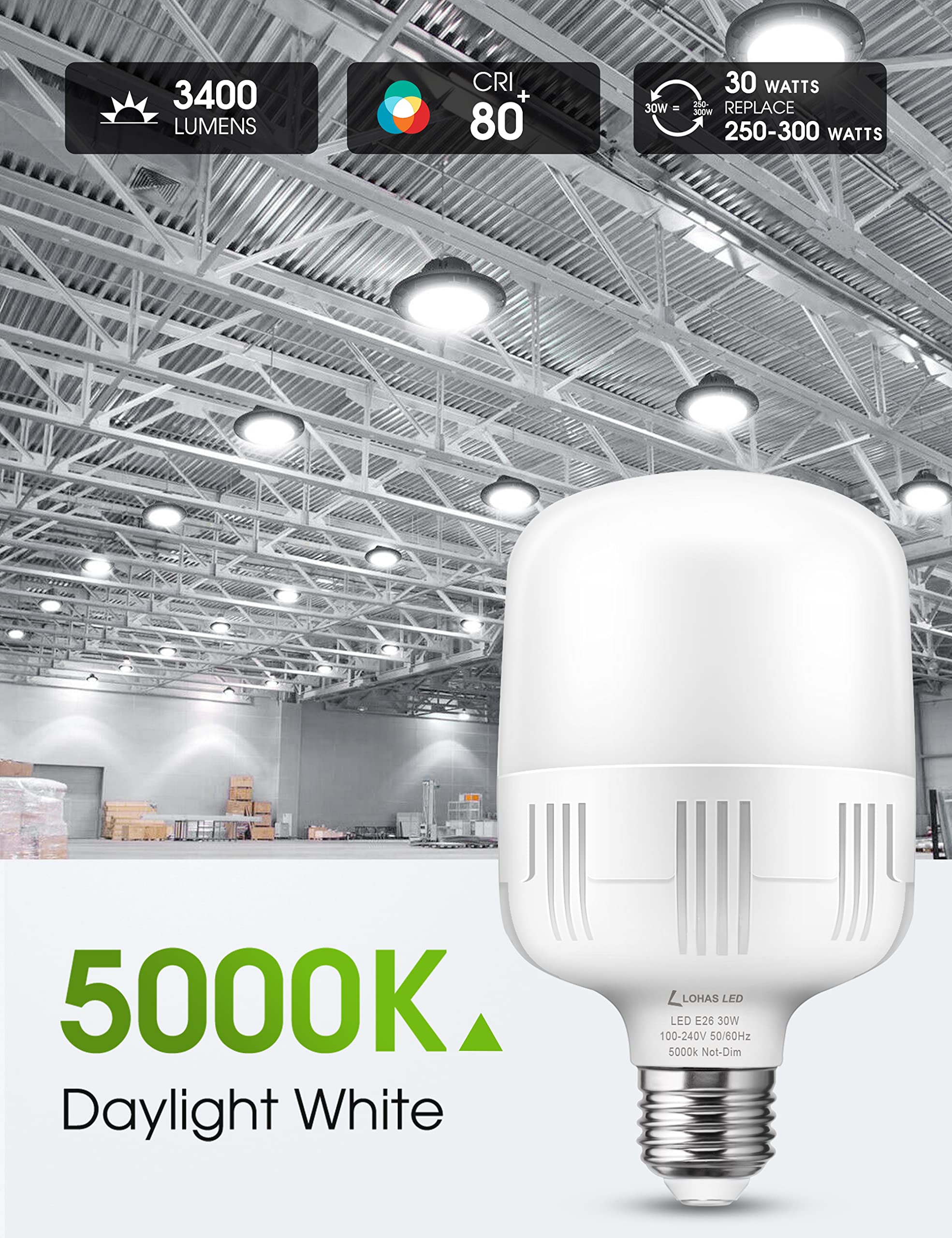 LOHAS Super Bright Light Bulbs, 250-300W Equivalent 3400LM E26 Garage LED Bulb, 5000K Daylight 30 Watt High Lumen LED Bulb w/E39 Adapter for Commercial Warehouse Workshop Factory Backyard Barn, 2 Pack