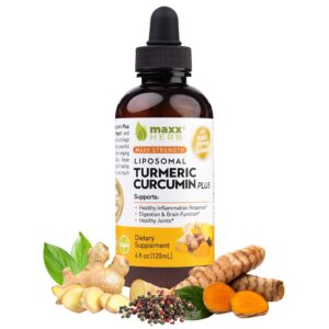 maxx herb liquid turmeric curcumin - liposomal turmeric supplement with black pepper bioperine & ginger - max strength extract for joint health & digestion – 4 oz bottle (60 servings)