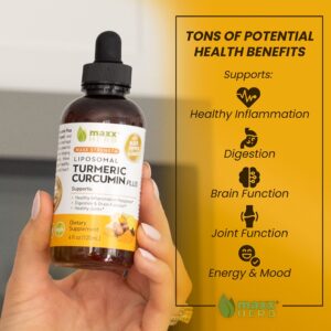 Maxx Herb Liquid Turmeric Curcumin - Liposomal Turmeric Supplement with Black Pepper BioPerine & Ginger - Max Strength Extract for Joint Health & Digestion – 4 Oz Bottle (60 Servings)